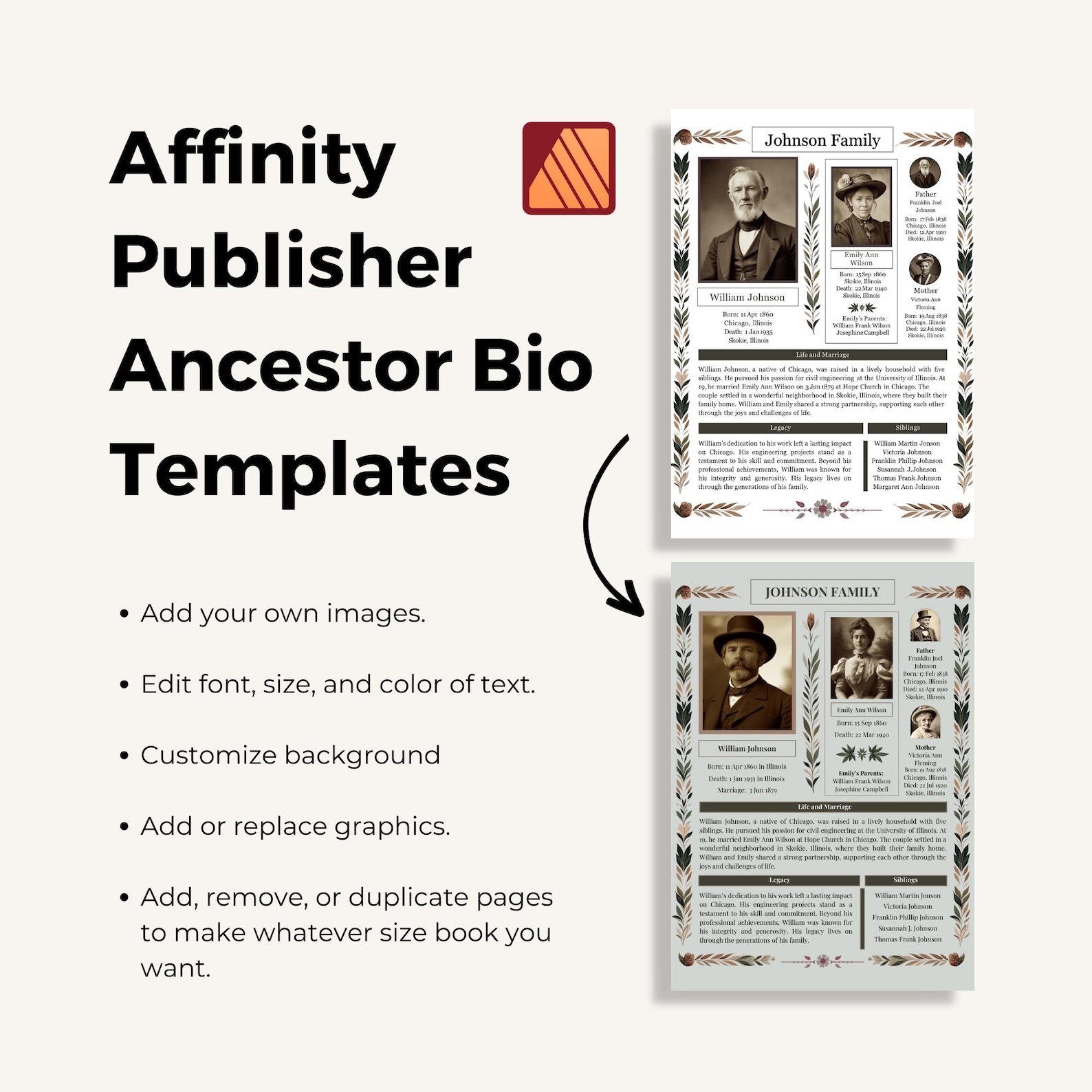 Vintage Biography Template: Family History Book for Affinity Publisher ...