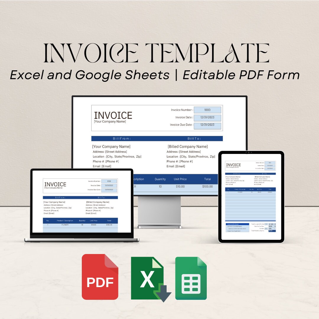 Invoice Template Excel and Google Sheets Editable PDF Form - Etsy México