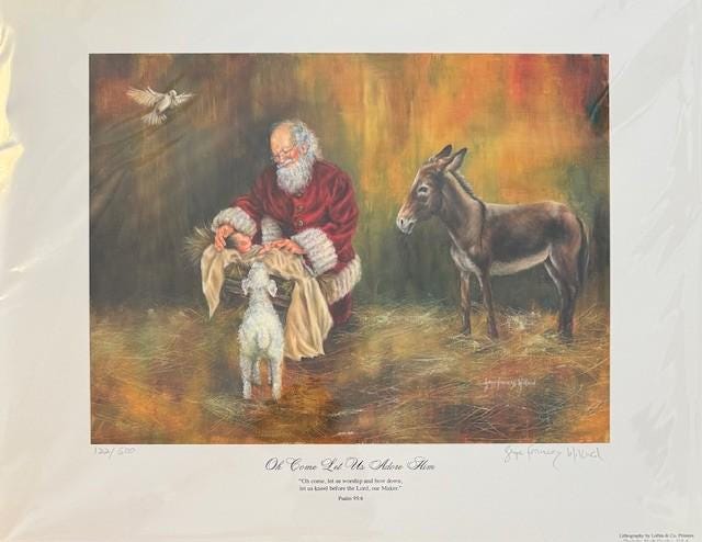 Santa Kneeling Before Baby Jesus: Limited Edition Nativity Lithograph ...