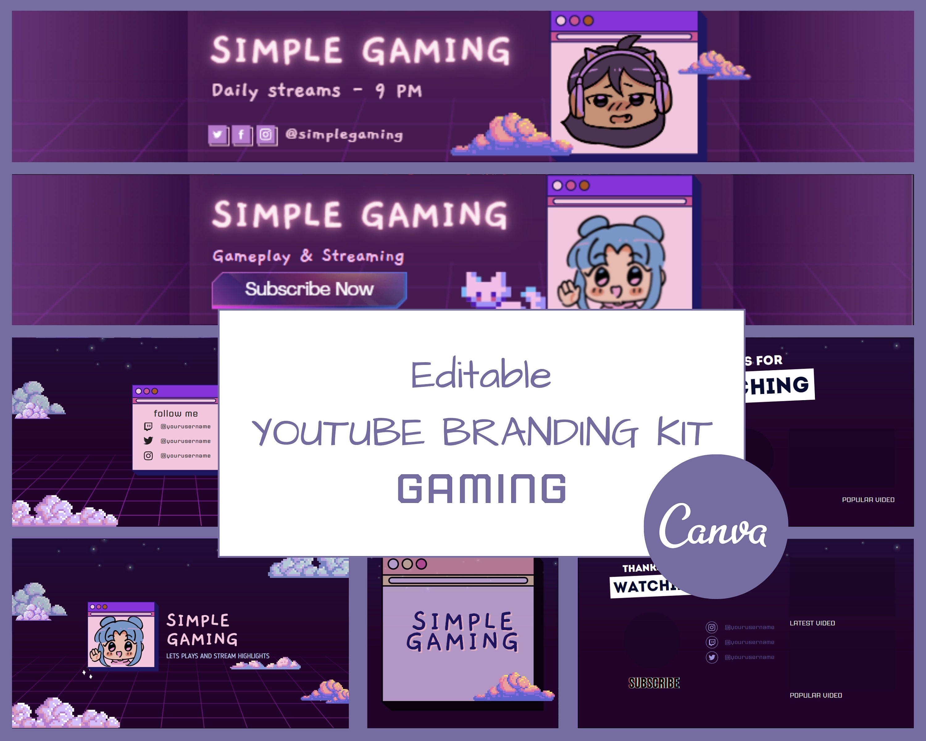 Youtube Branding Kit | Gaming | Banner, Intros and Outros | Editable ...