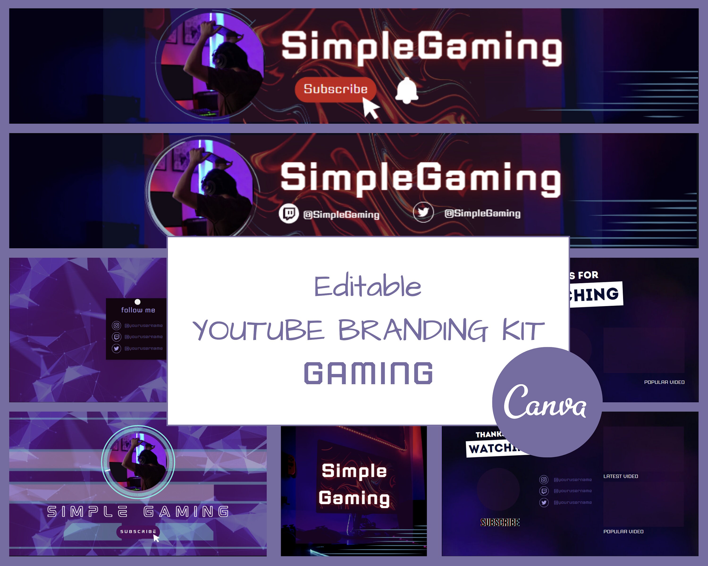 Youtube Branding Kit | Gaming | Banner, Intros and Outros | Editable ...