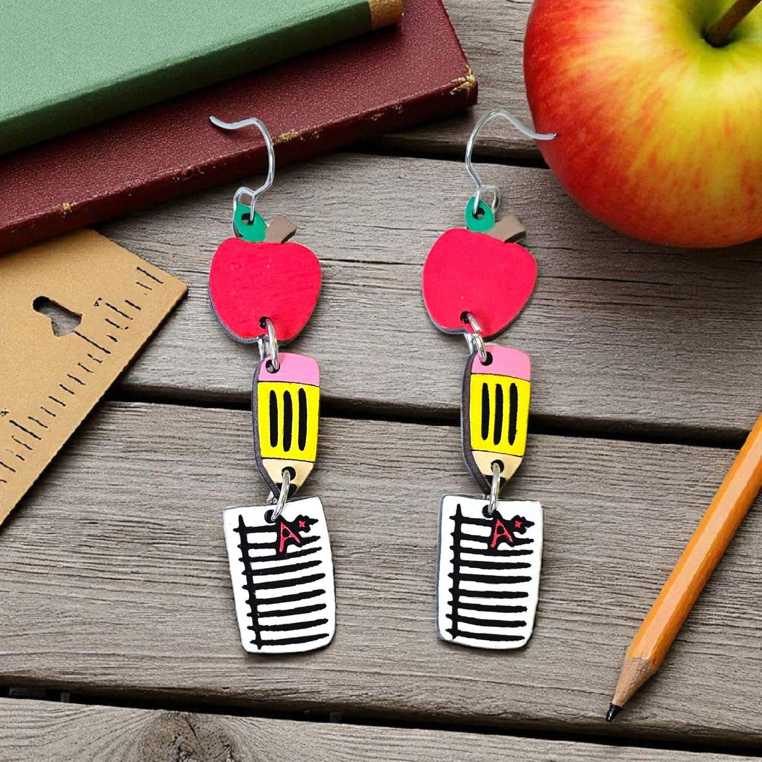 Teacher Chain Earrings | Hand-painted Apple, Pencil & Notebook Paper W ...