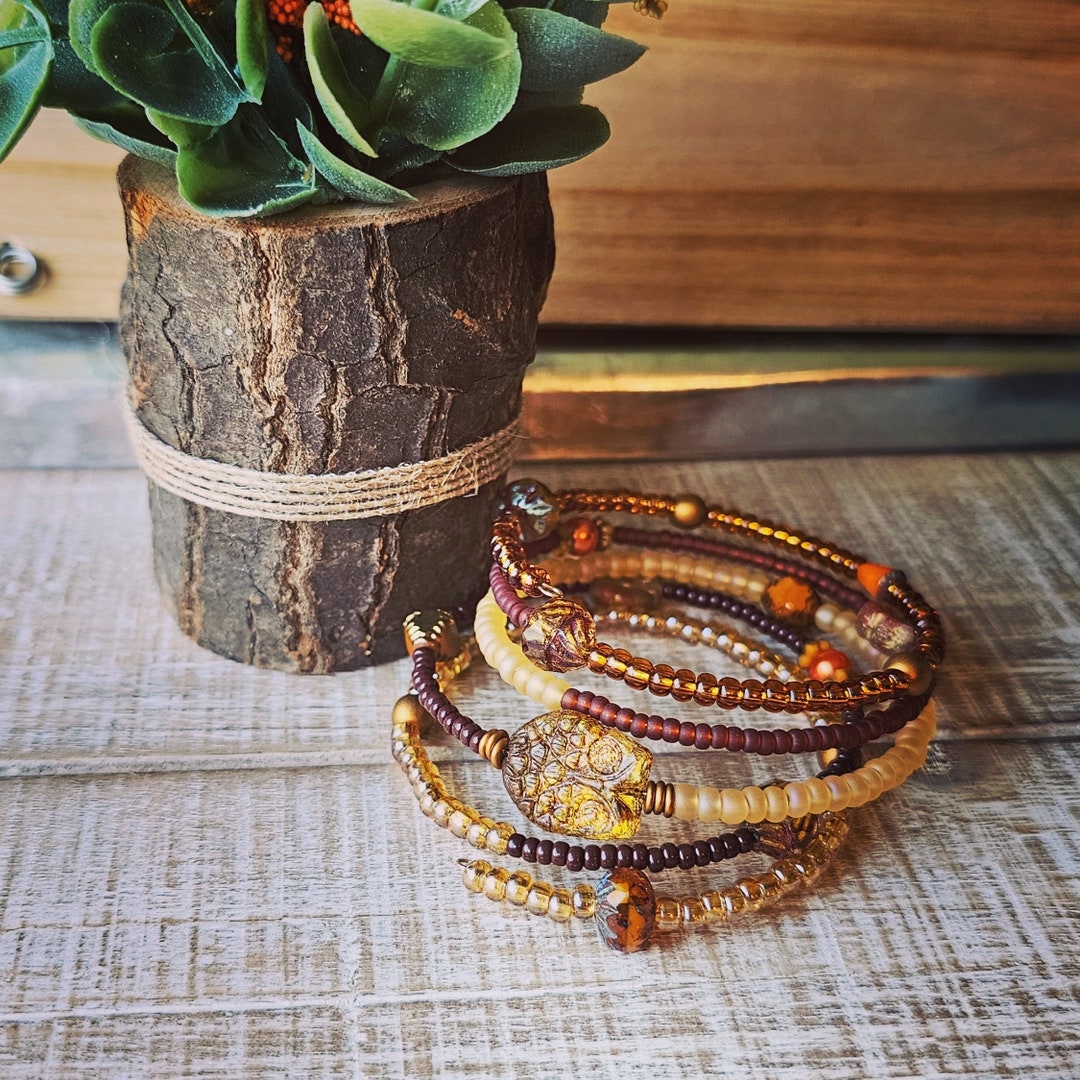 5 Coil Czech Glass Beaded Fall Owl Memory Wire Bracelet - Etsy