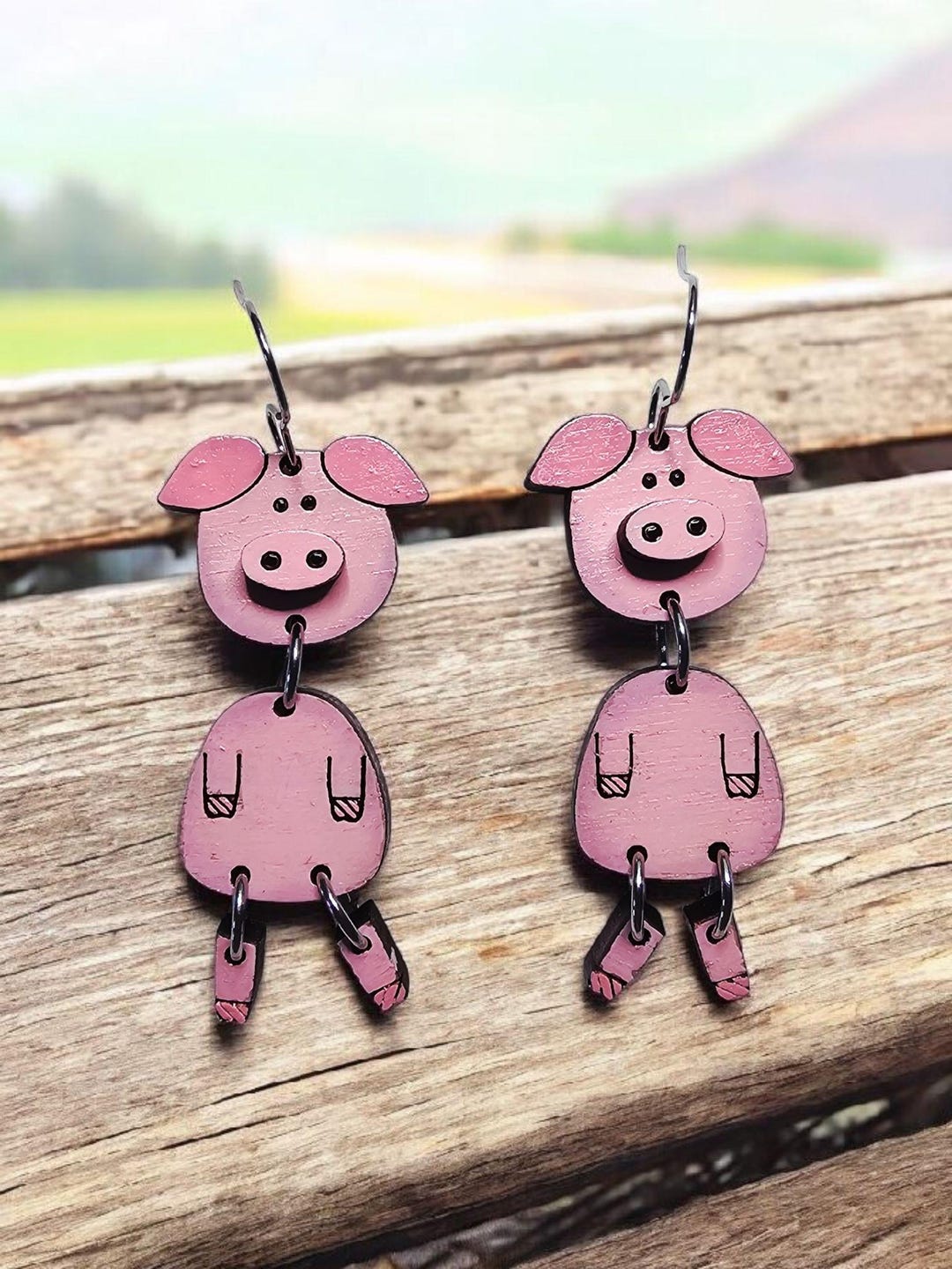 Hand Painted Pig Chain Earrings | 3 Piece Design | 3D Snout | High ...