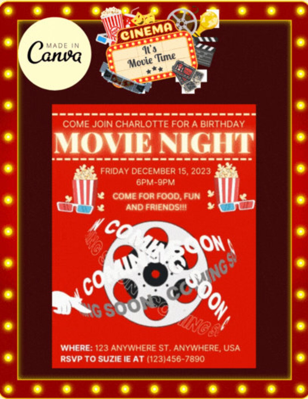 ANIMATED Movie Night Themed Invitation Template, Printable Birthday ...