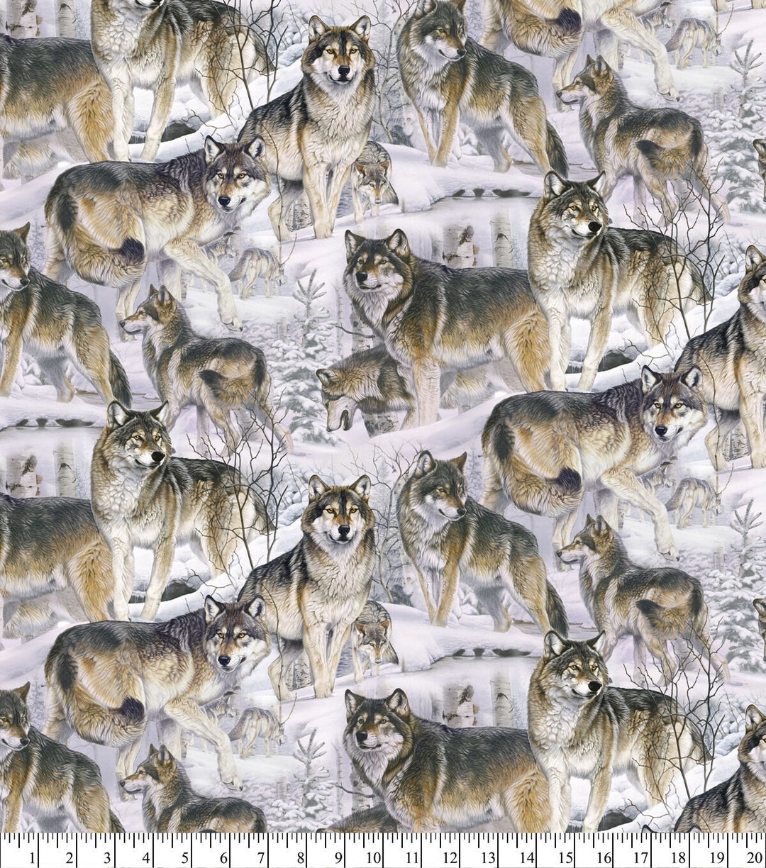 Wolf Pack Moving Through the Forest in Winter Snow 100% Cotton Fabric ...