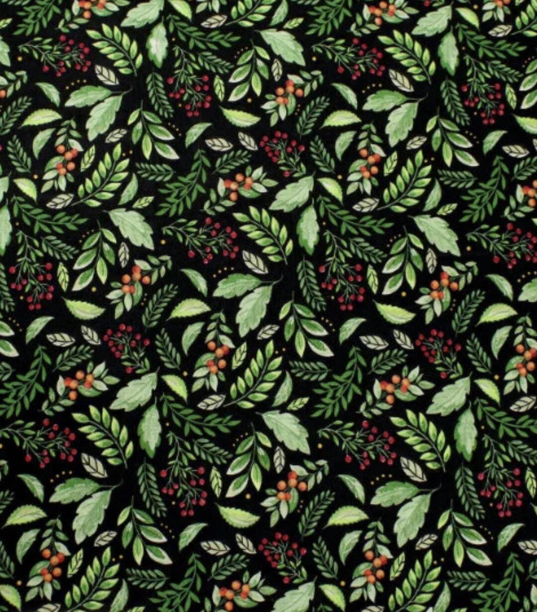 Christmas Holly Berries Leaves Mistletoe on Black 100% Premium Cotton ...