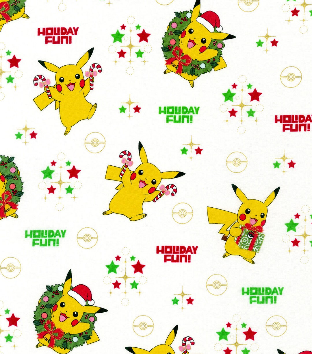 Christmas Pokemon Pikachu Pokeball Chasing Licensed Fabric 100% Cotton ...