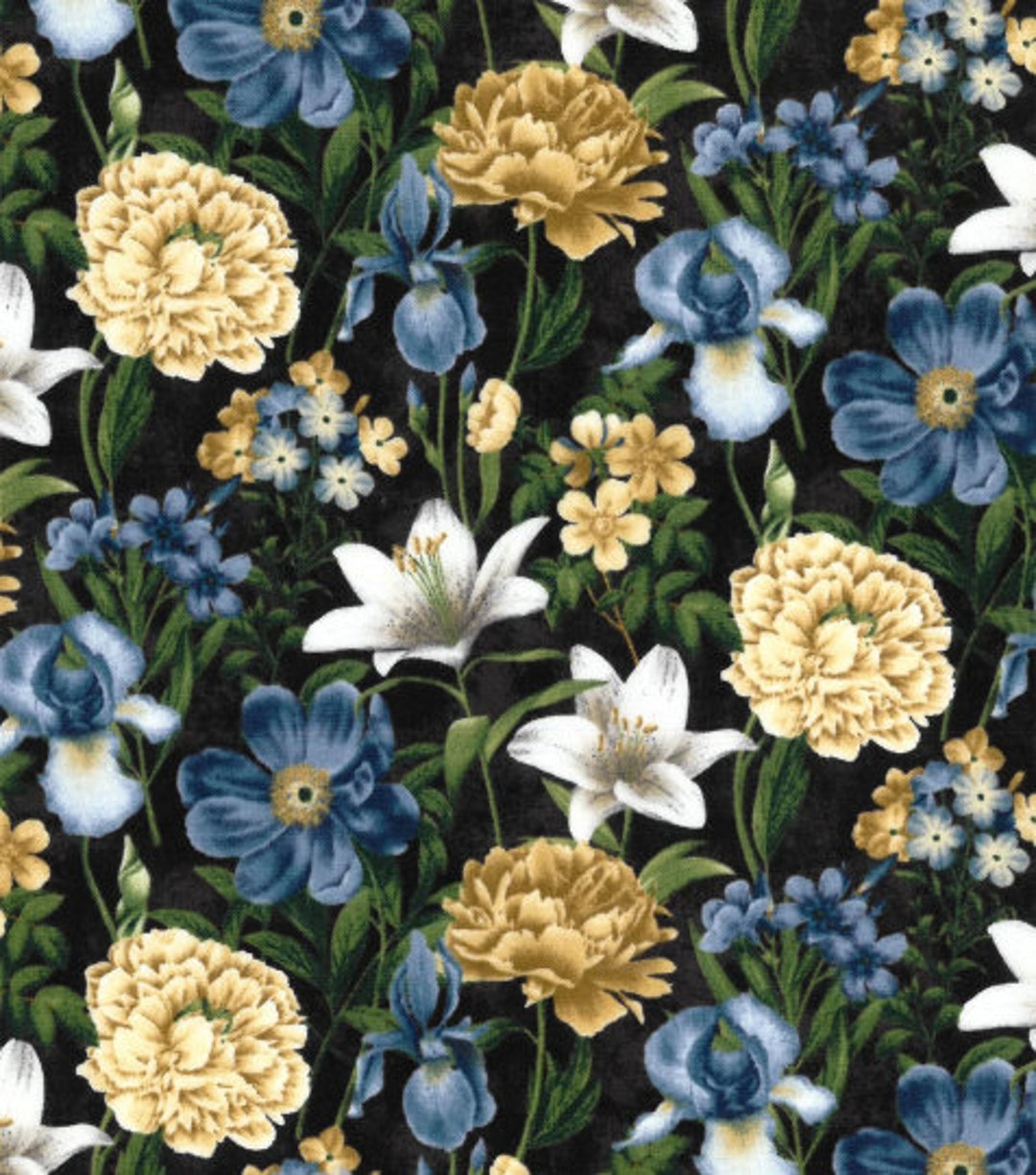 Premium Lilie Pfingstrose und Iris Blumen Auf Schwarz 100% Baumwolle ...