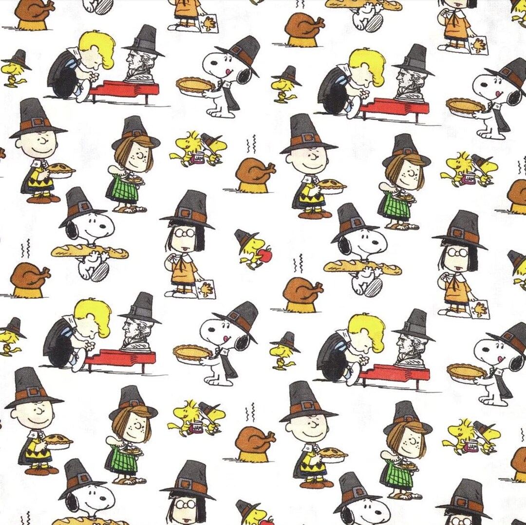 Snoopy Peanuts Thanksgiving Pilgrims Charlie Brown on White 100% Cotton ...