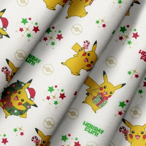 Christmas Pokemon Pikachu Pokeball Chasing Licensed Fabric 100% Cotton ...