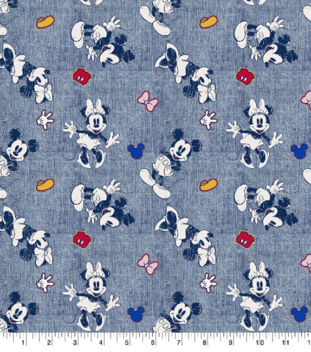 Disney Cotton Fabric Mickey and Minnie Denim Badge Toss 100% Cotton ...