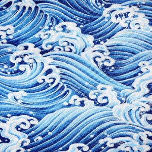 Premium the Great Wave Silver Metallic Ocean Waves Fabric Baby Blue 100 ...