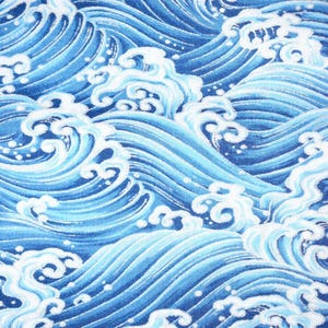 Premium the Great Wave Silver Metallic Ocean Waves Baby Blue 100% ...