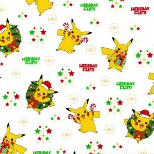 Christmas Pokemon Pikachu Pokeball Chasing Licensed Fabric 100% Cotton ...