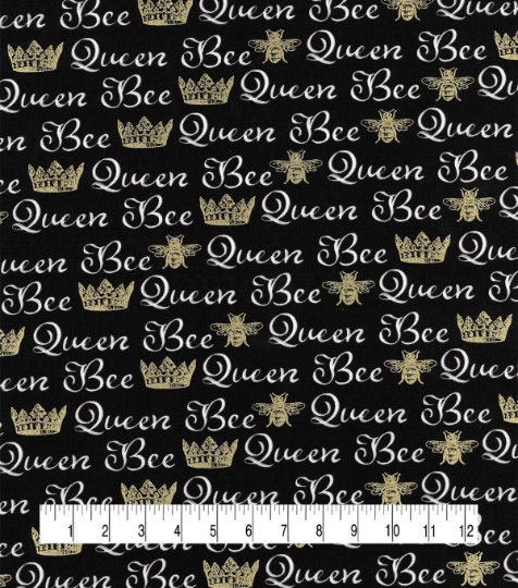 Queen Bee Gold Metallic Honey Bee on Black Premium 100% Cotton - Etsy