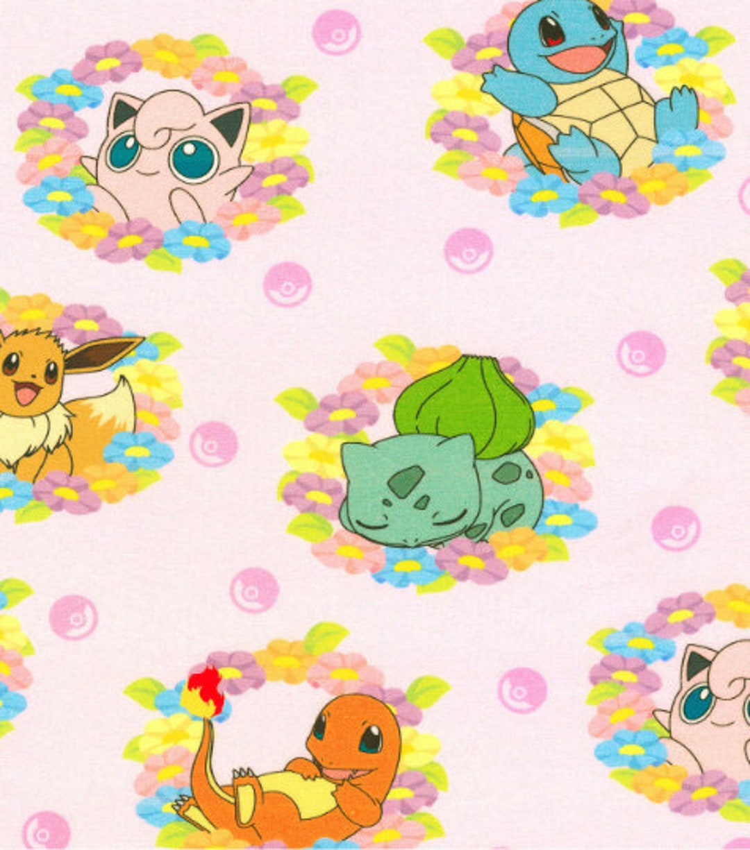 Pokemon Pikachu Blooming Flowers Pokeball Catch 100% Cotton Fabric 3465 ...