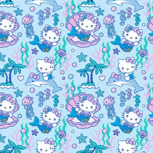 Little Mermaid Blue Ocean Hello Kitty 100% Cotton Fabric IN - Etsy