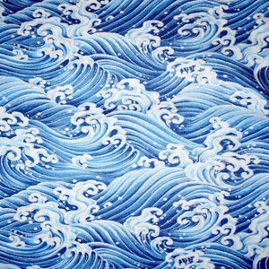 Premium the Great Wave Silver Metallic Ocean Waves Fabric Baby Blue 100 ...