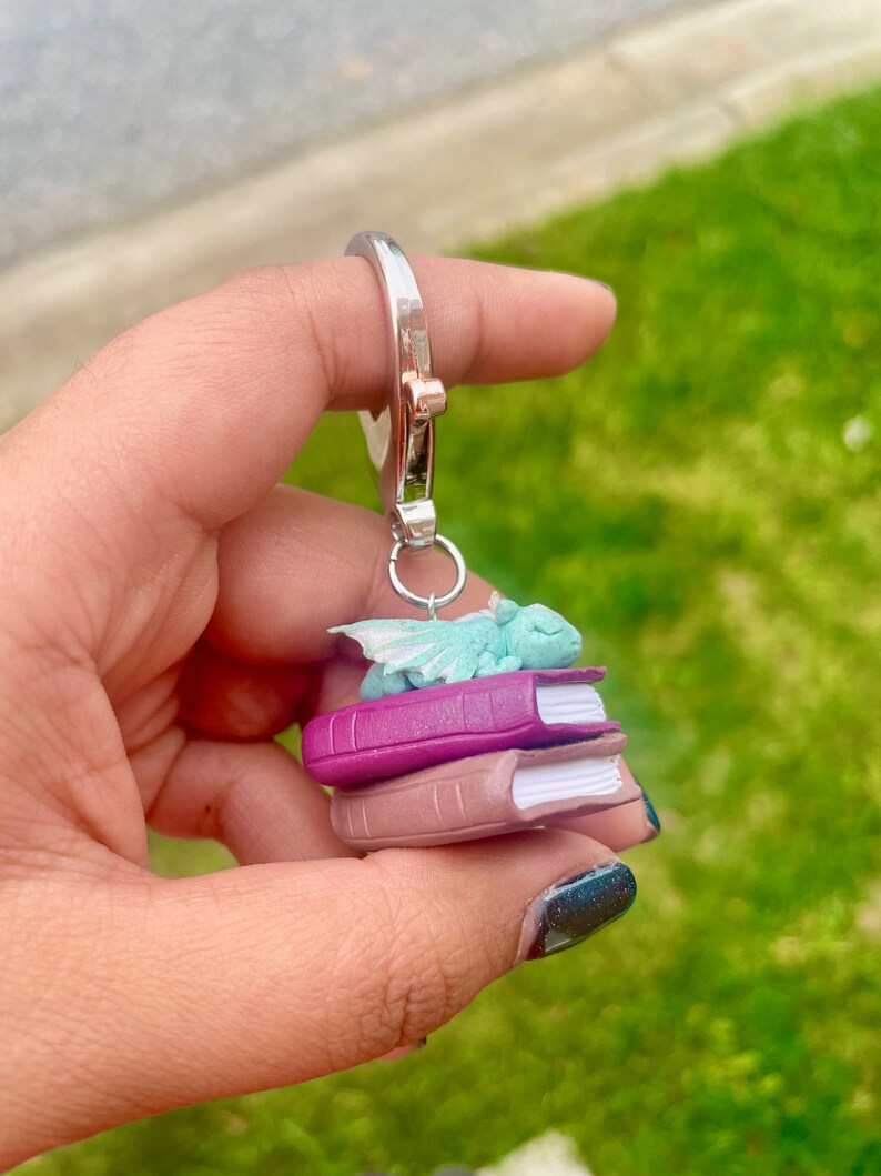 Cute Dragon Sleeping on Books Keychain - Etsy