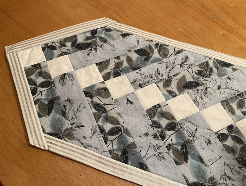 Table Runner, French Braid Design, Leaves, Floral, Birds, Blue, Gray ...