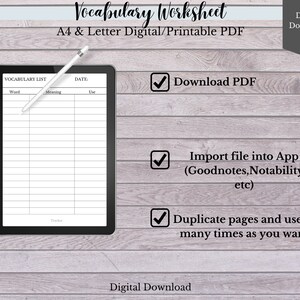 Vocabulary List Worksheet, Digital Vocabulary Tracker, Goodnotes ...