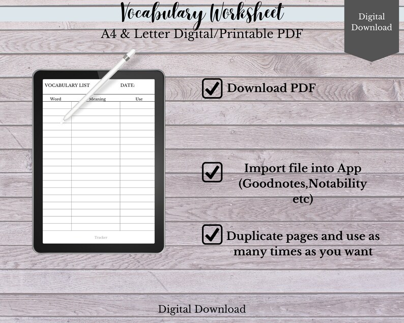 Vocabulary List Worksheet, Digital Vocabulary Tracker, Goodnotes ...