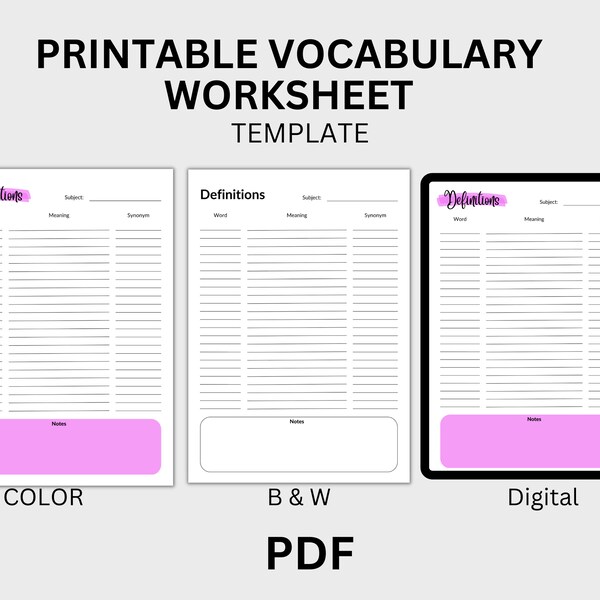 Vocabulary Digital Template - Etsy