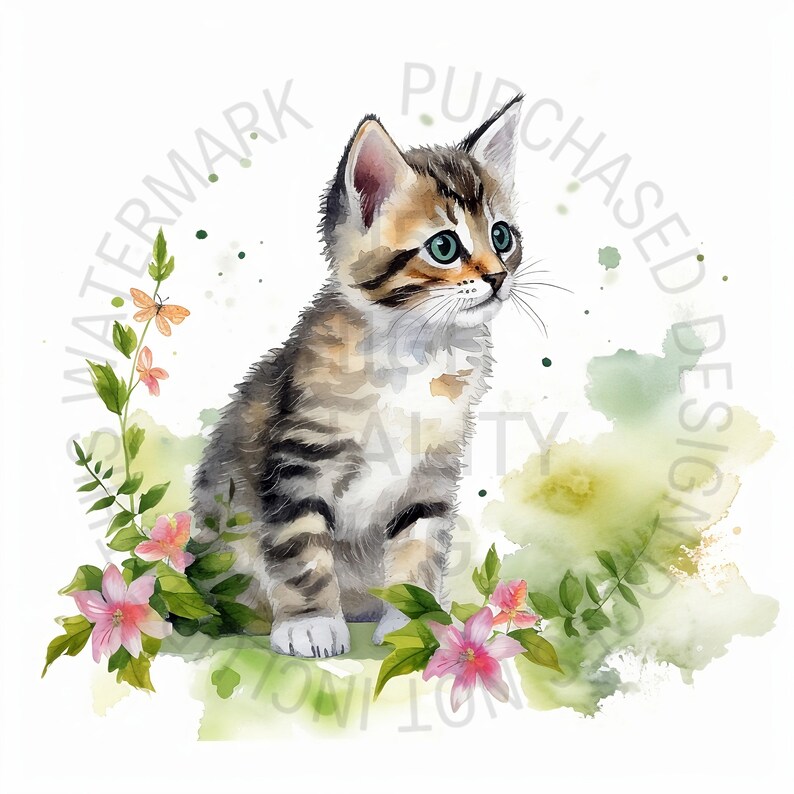 Kitten With Flowers Clipart Bundle, 15 High Quality Jpgs, Watercolor ...