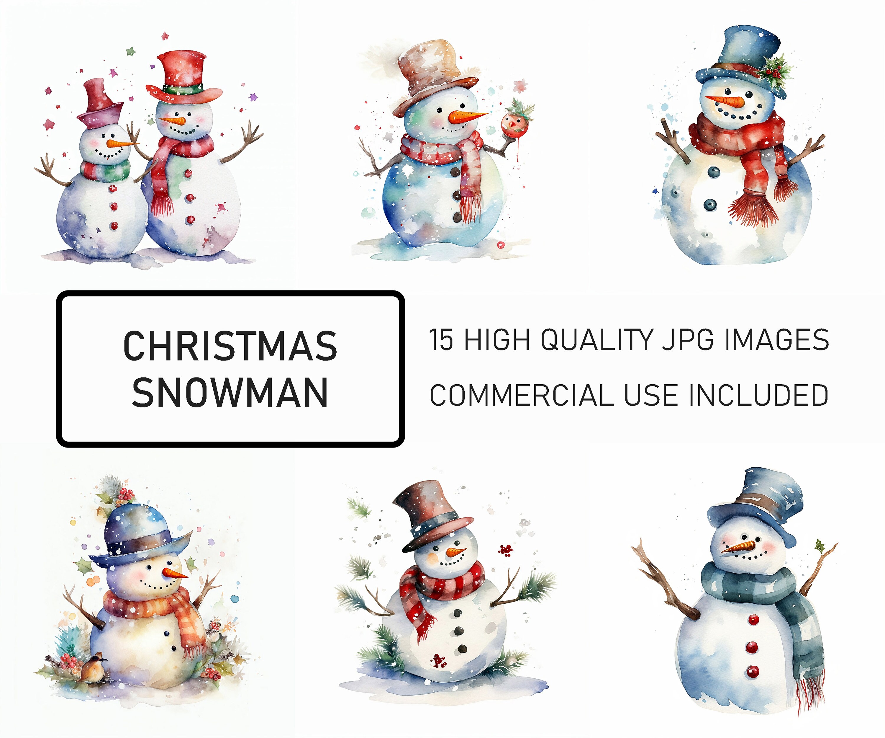 Christmas Snowmen Clipart Bundle, 15 High Quality Jpgs, Watercolor ...