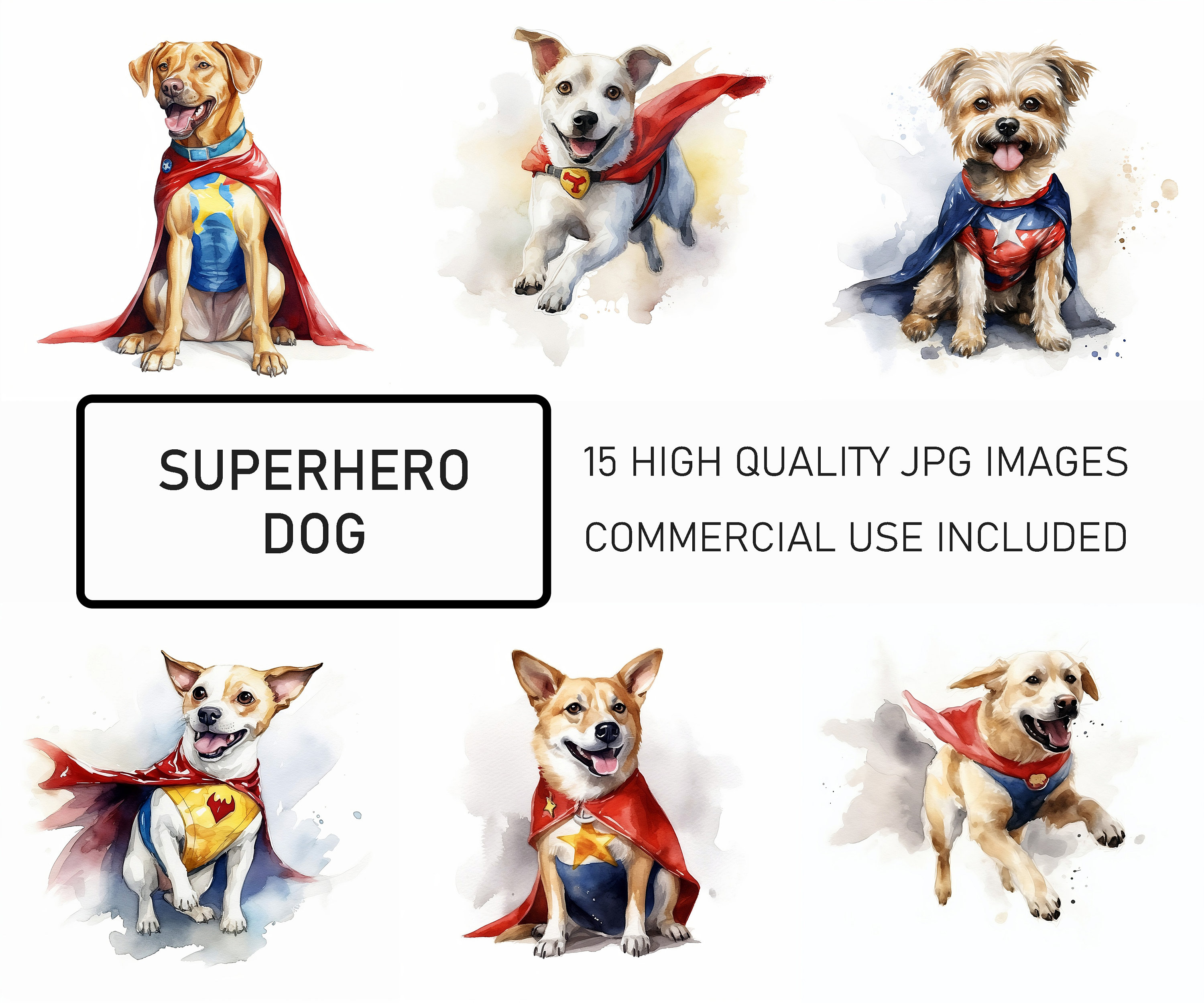 Superhero Dog Clipart Bundle, 15 High Quality Jpgs, Cute Dogs Clipart ...