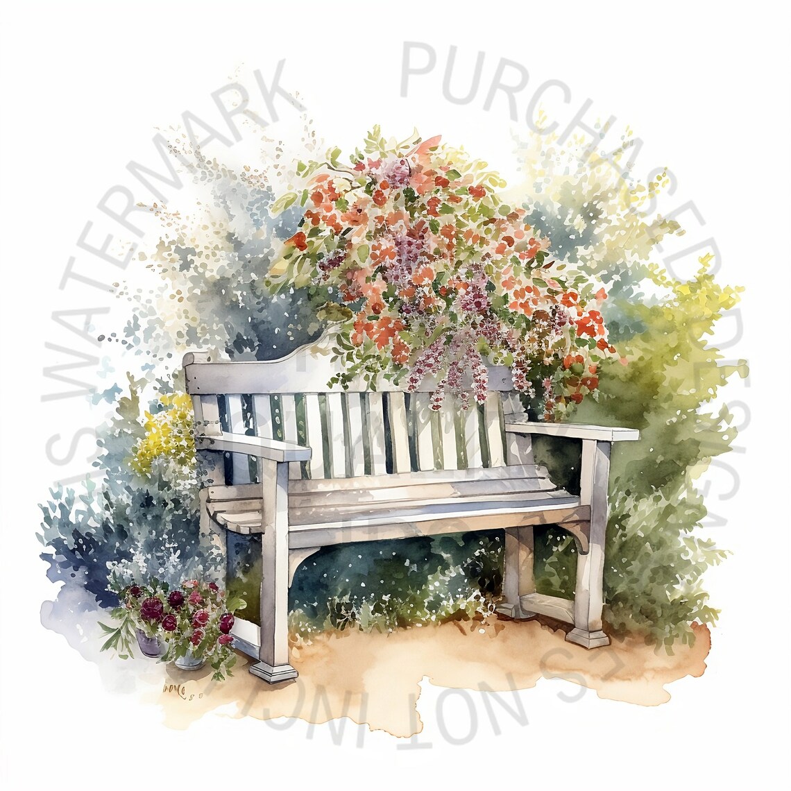 A Bench in A Garden Clipart Bundle, 15 High Quality Jpgs, Watercolor ...