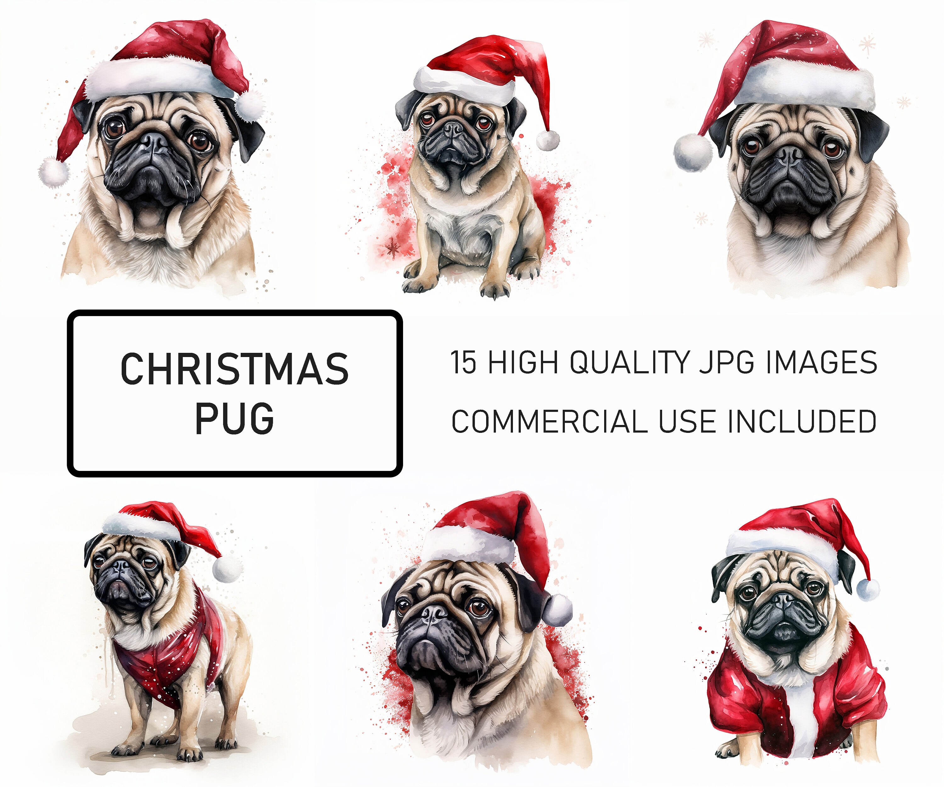 Christmas Pug Clipart Bundle, 15 High Quality Jpgs, Cute Dogs Clipart ...