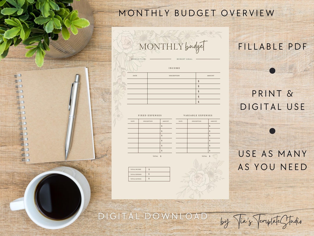 Floral Monthly Budget Page: Printable & Fillable (digital Download ...