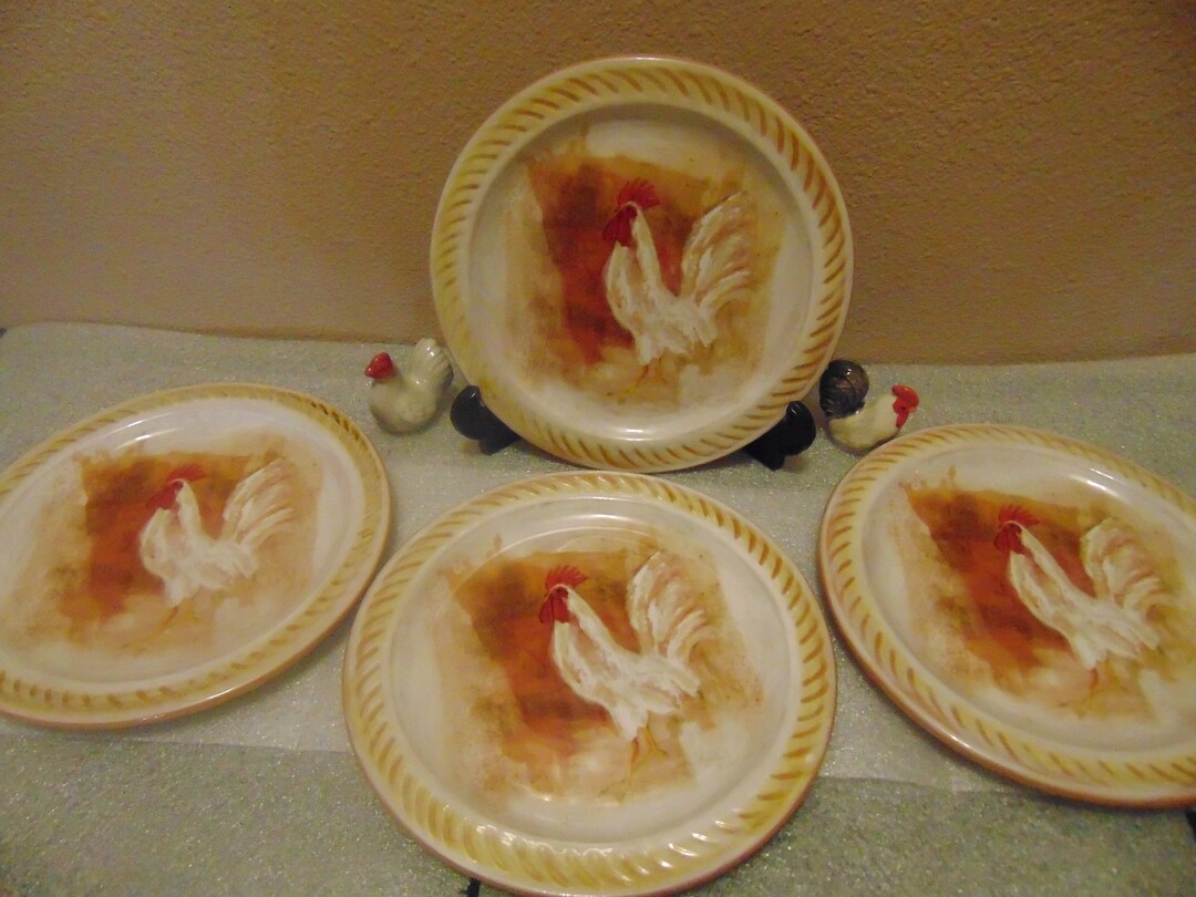 Set of 4 Beautiful Pier One Earthern Ware Rooster Plates Made in Italy ...