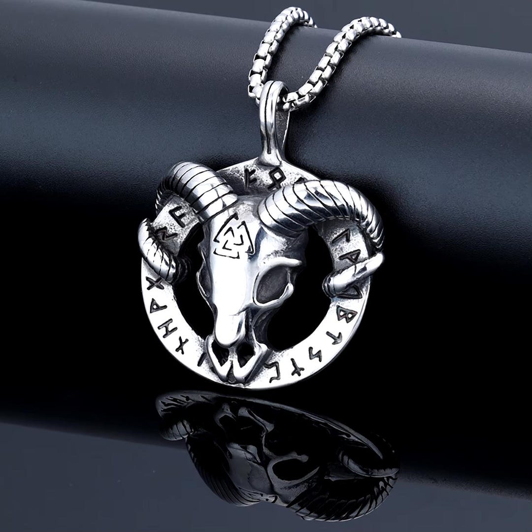 Large Stainless Steel Goat Skull Rune Viking Necklace Stainless Chain ...