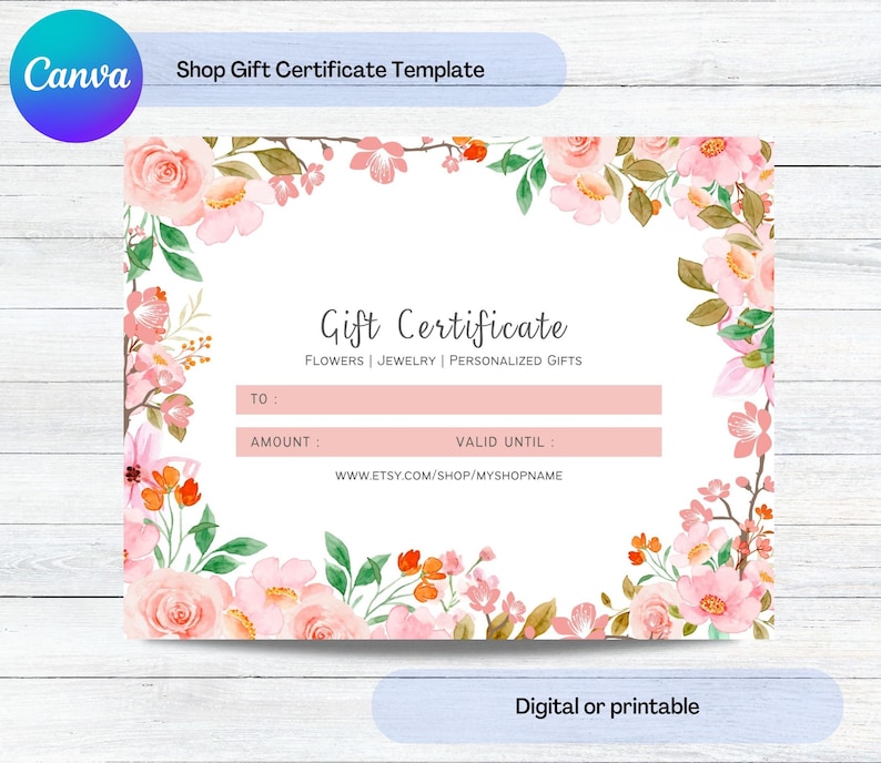 Flower Gift Certificate Template Canva |digital Shop Gift Card Template ...
