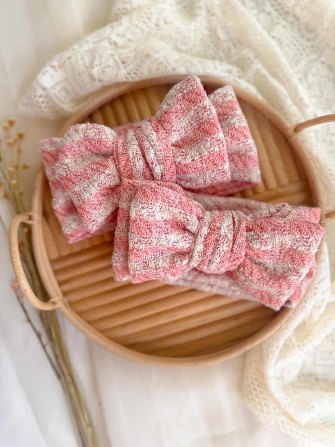Pink Textured Gingham Oversized Baby Headwrap, Newborn Headband Bows ...
