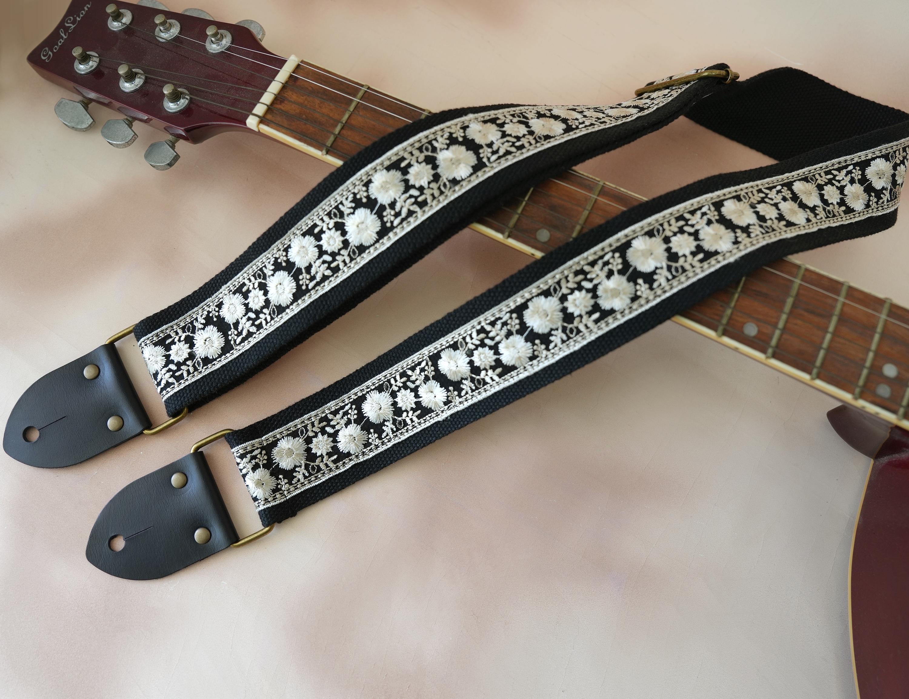 Embroidered Guitar Strap, Customized Guitar Strap, Genuine Leather Tips ...