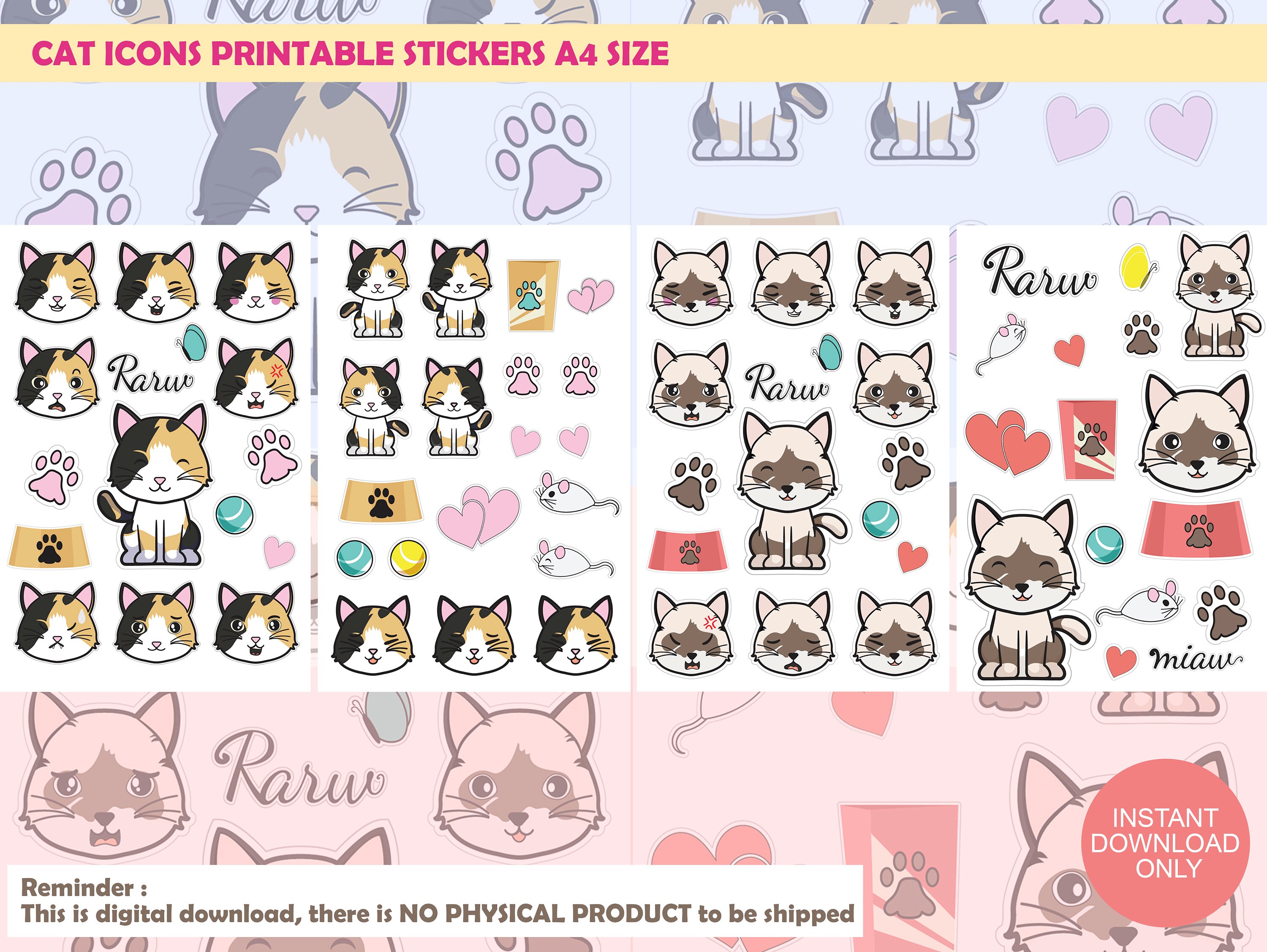 Cute and Colorful Cat Stickers Digital Stickers Cat Stickers Cat Lover ...