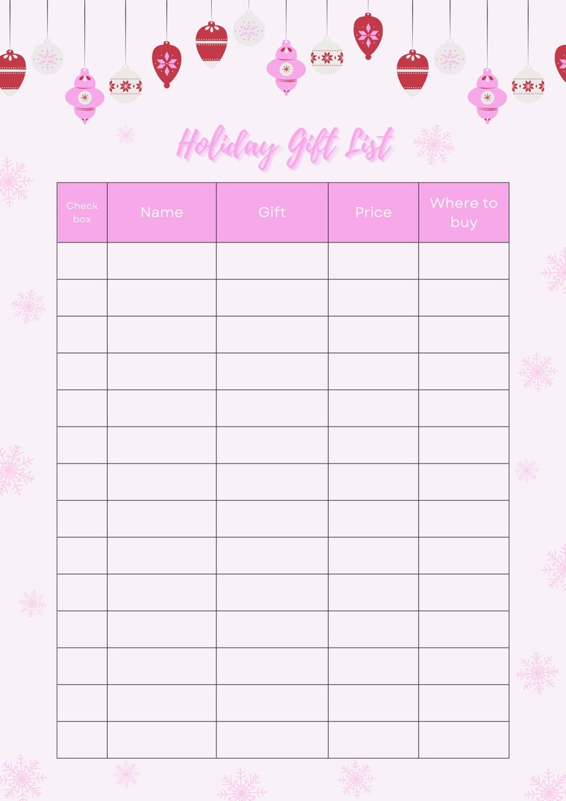 Pink Holiday Gift List Planner Printable Gift Checklist PDF - Etsy