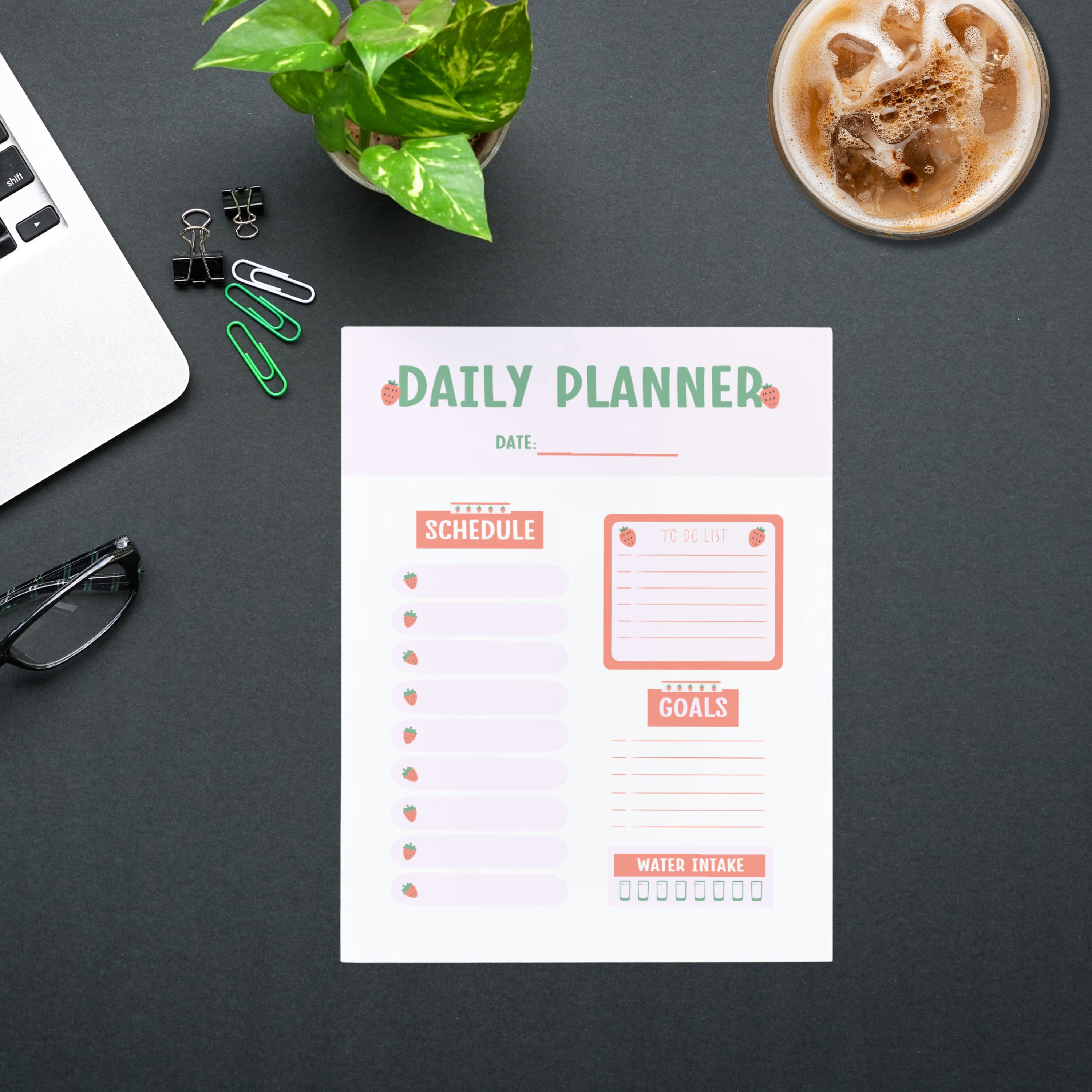 Strawberry Daily Planner Printable Digital Download / Color & Grayscale ...