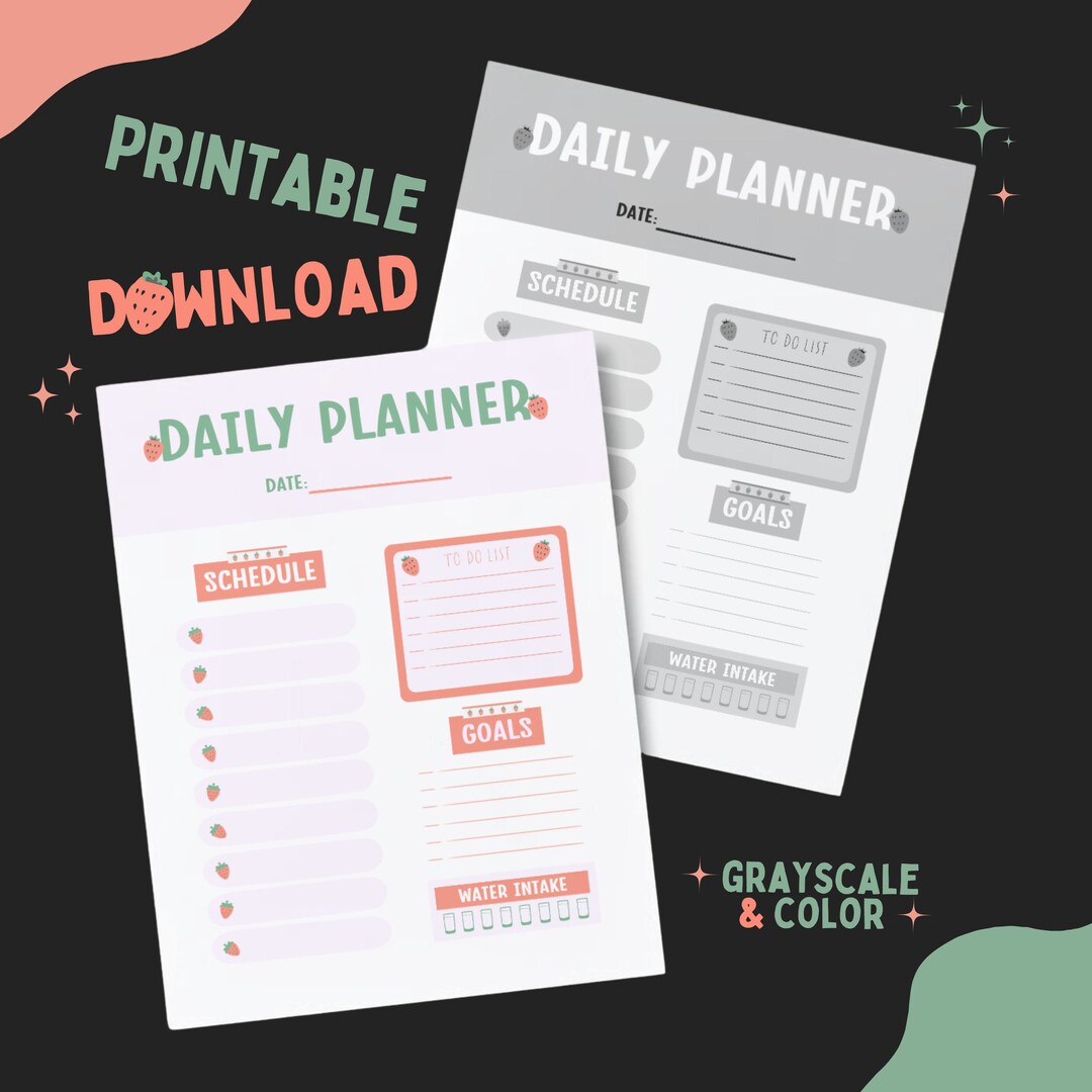 Strawberry Daily Planner Printable Digital Download / Color & Grayscale ...