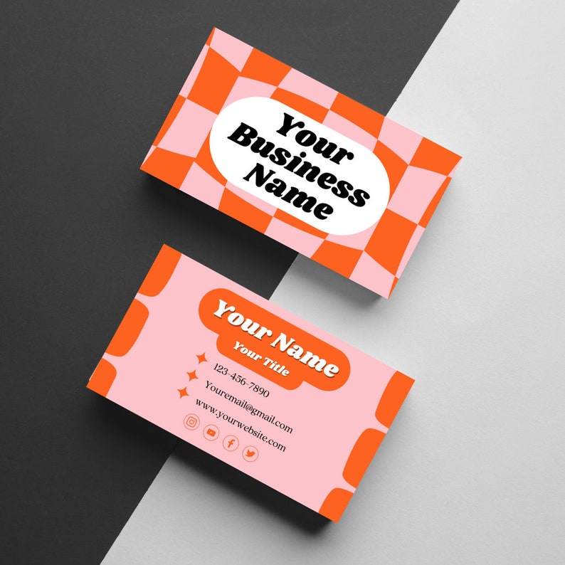 Editable Retro Checkerboard Business Card Template Customizable Canva ...