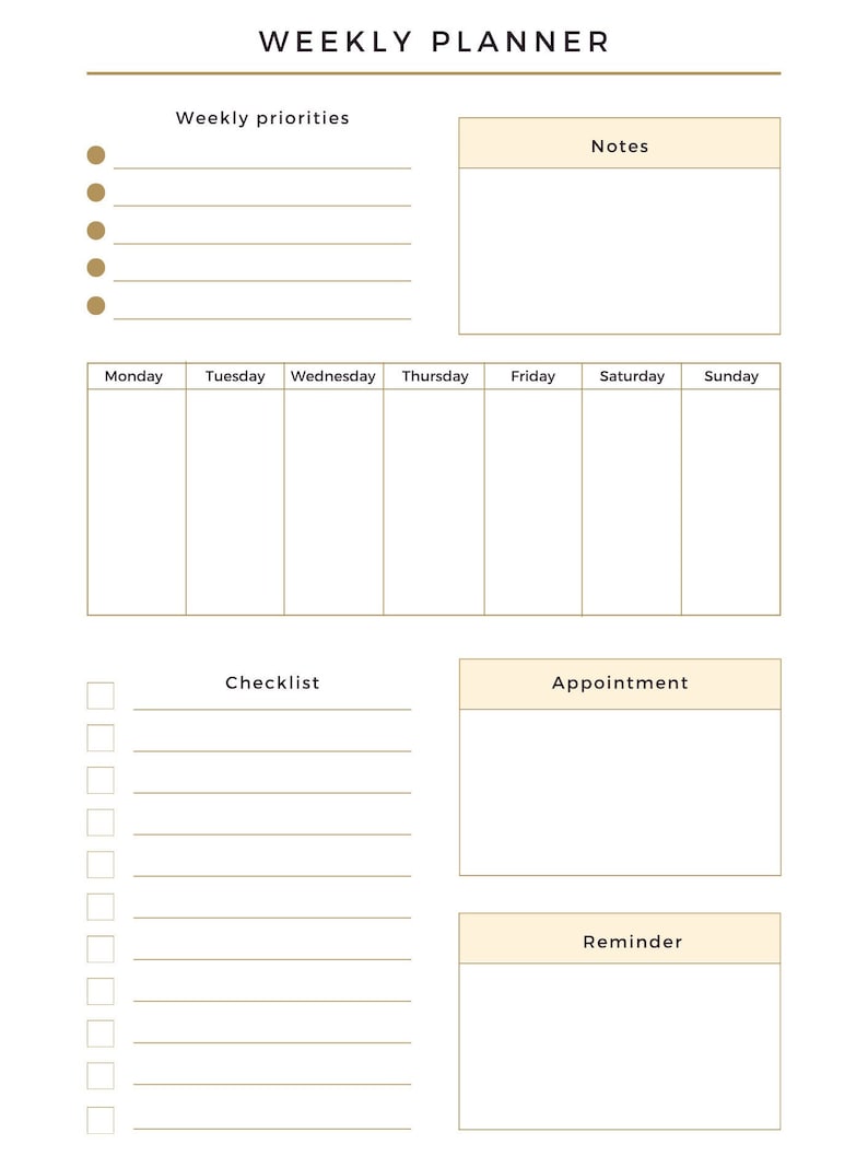 Weekly Planner Printable, PDF, Instant Download, A4/A5/A3/US Letter ...