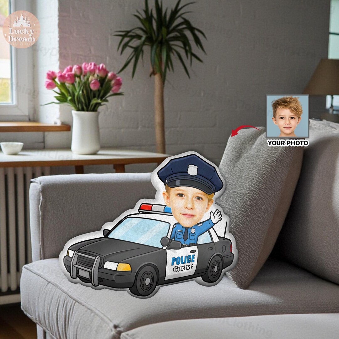 Personalized Police Car Pillow, Custom Kids Face Police Officer Cushion ...