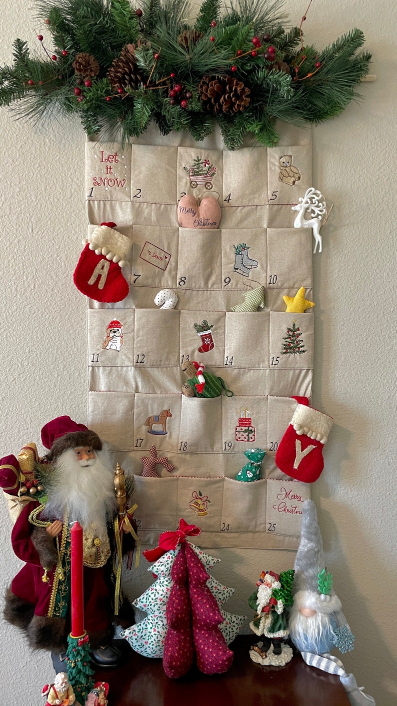 Handmade Linen Christmas Advent Calendar, Embroidered Pouch Wall ...