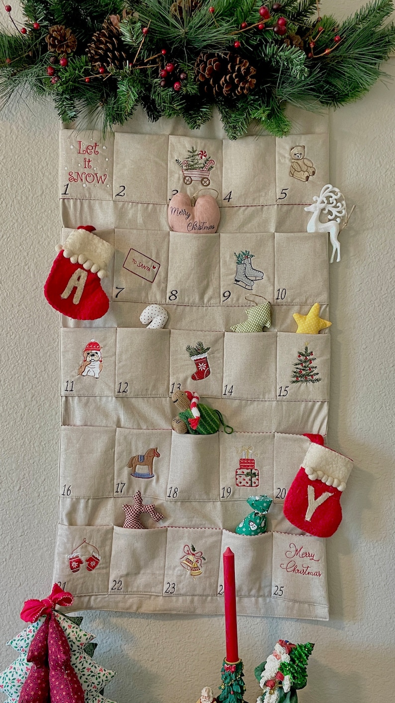 Handmade Linen Christmas Advent Calendar, Embroidered Pouch Wall ...