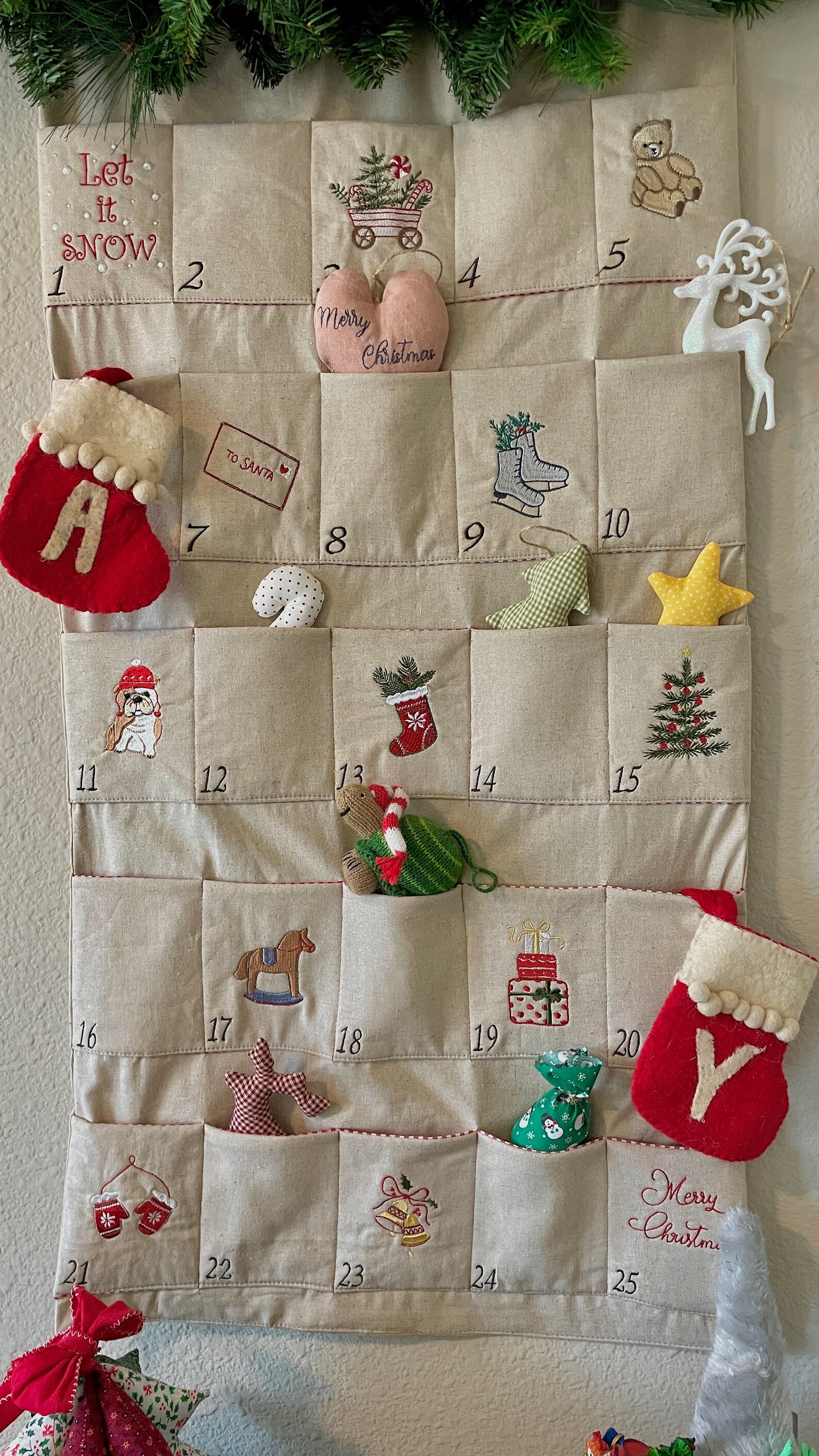 Handmade Linen Christmas Advent Calendar, Embroidered Pouch Wall ...