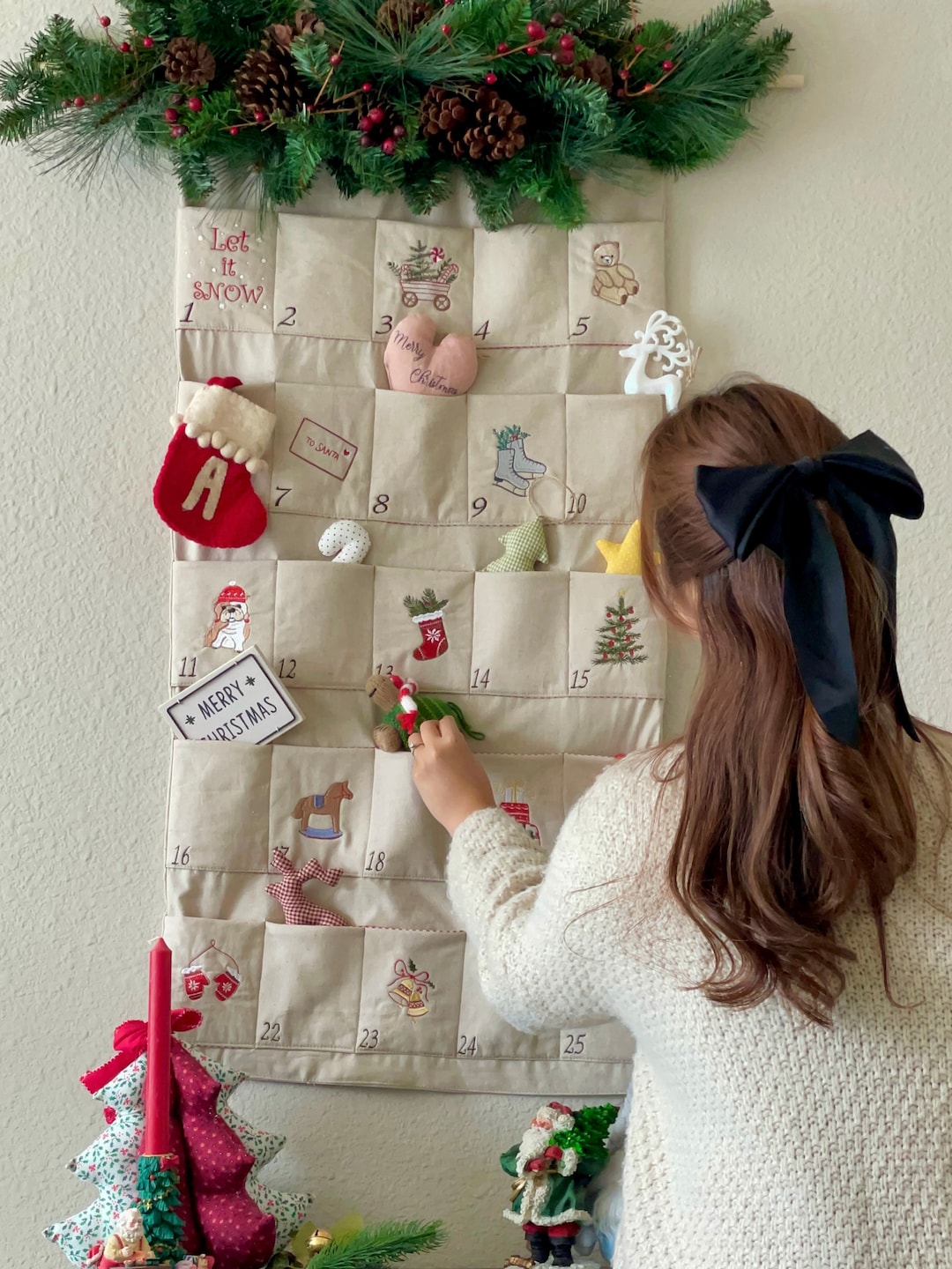 Handmade Linen Christmas Advent Calendar, Embroidered Pouch Wall ...